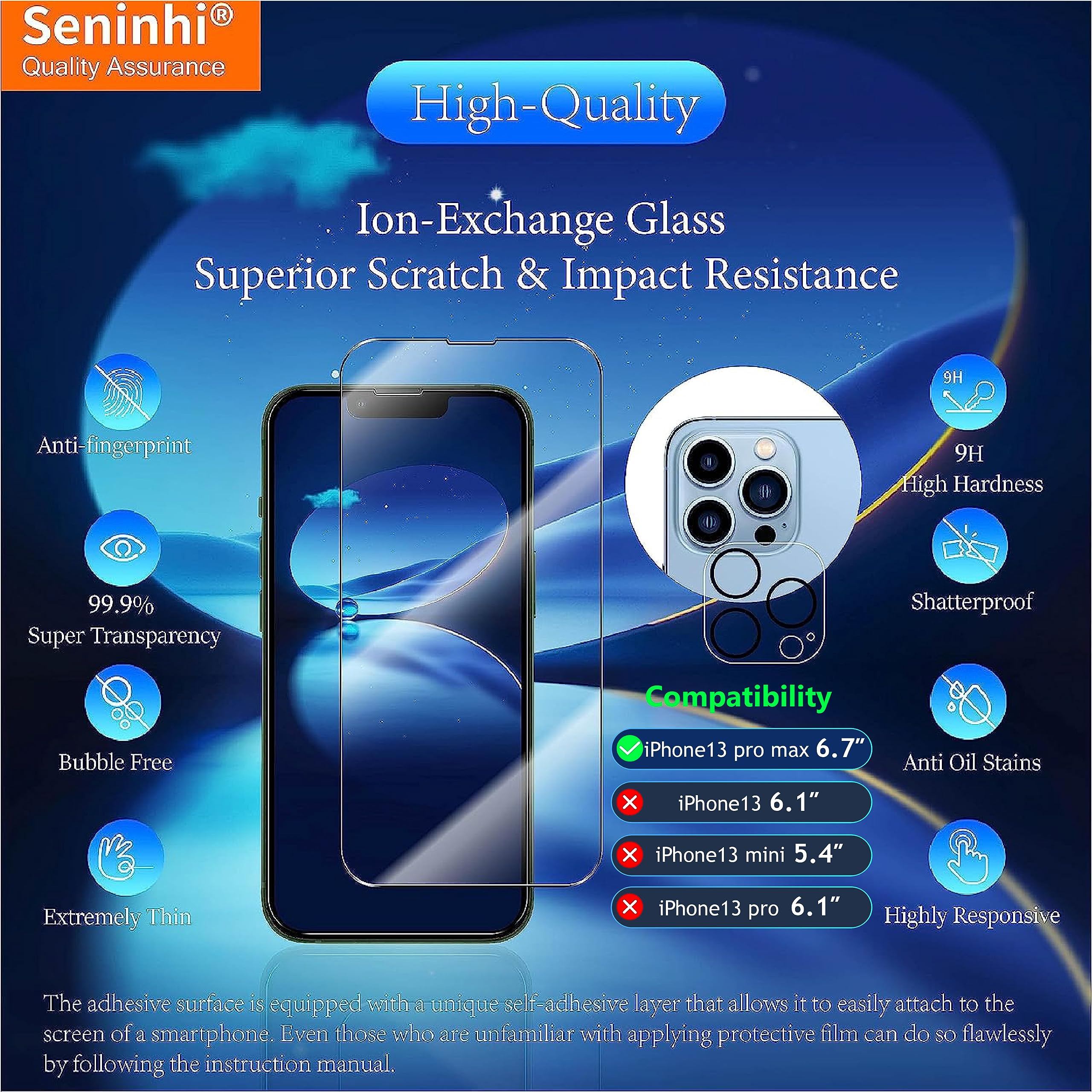 seninhi [3+3Pack] for iphone 13 Pro MAX 6.7inch Screen Protector 3Pack + Camera Lens Protector 3Pack, Tempered Glass Screen Protector [With Easy Installation Frame] [9H Hardness] [Anti-Scratch] [Bubble Free]-Clear