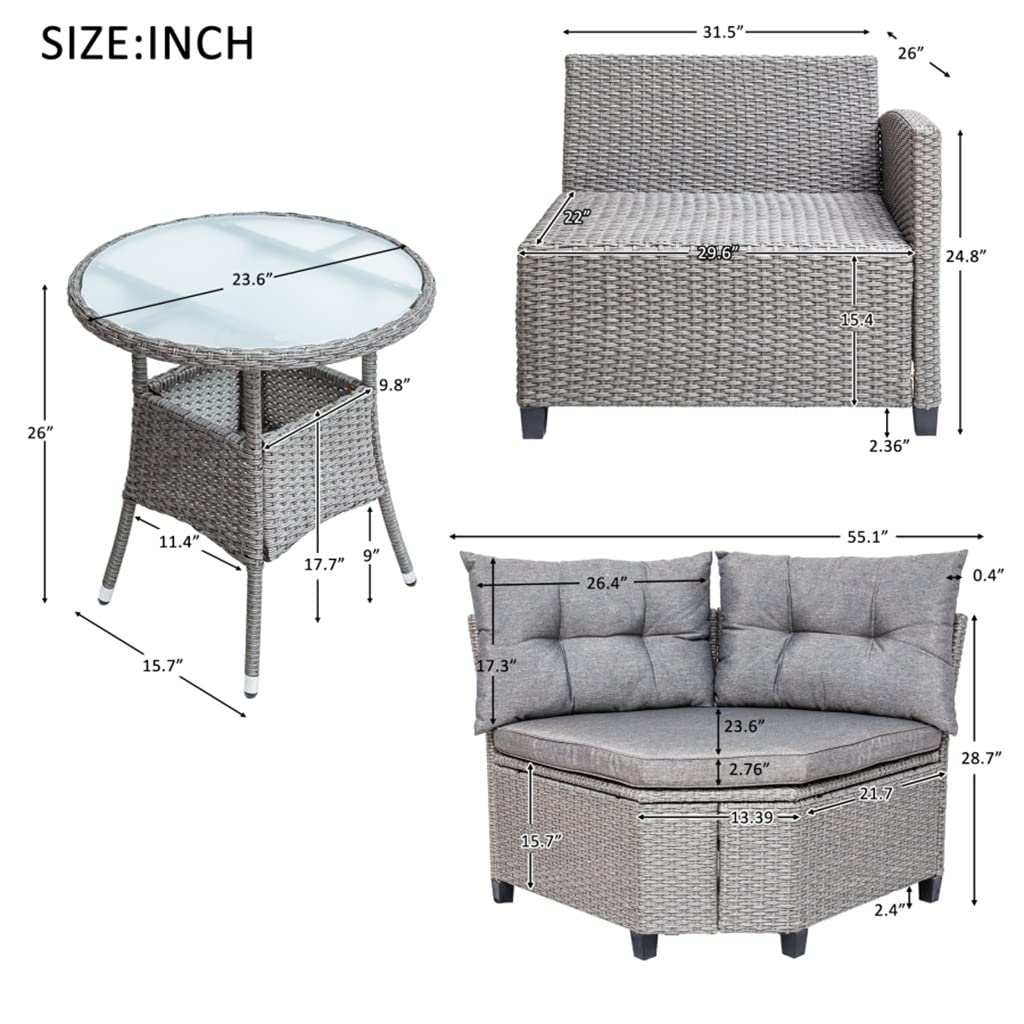 SLNFXC 4-Piece Resin Wicker Patio with Round Table, Gray Cushion Furniture Set Sofa-Type Garden Pool Balcony