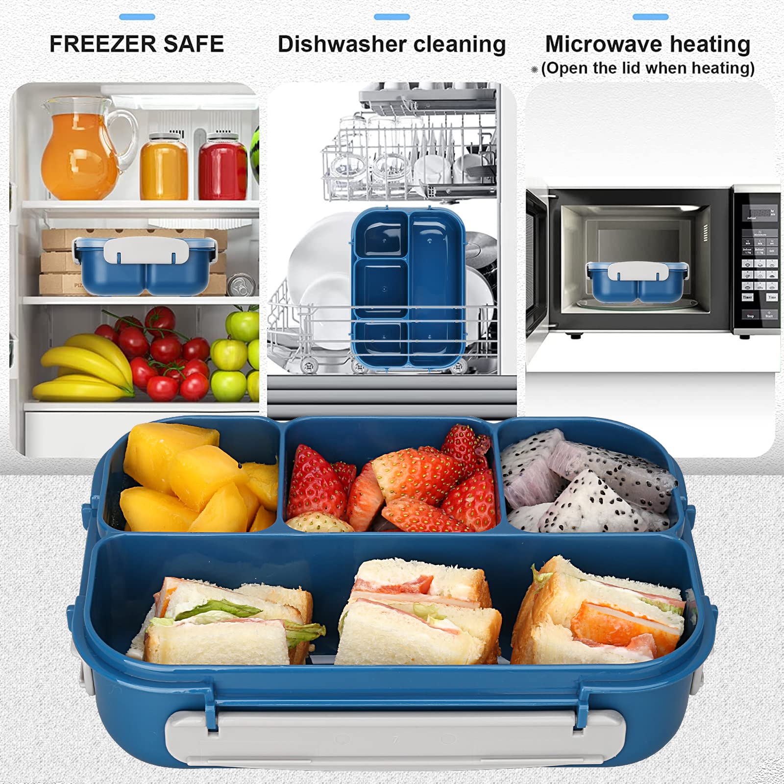 Ylebs Bento Box 1300ML Bento Lunch Boxes For Adults,4 Compartment Lunch Containers With Spoon & Fork,Microwave & Dishwasher & Freezer Safe,BPA Free (Blue)