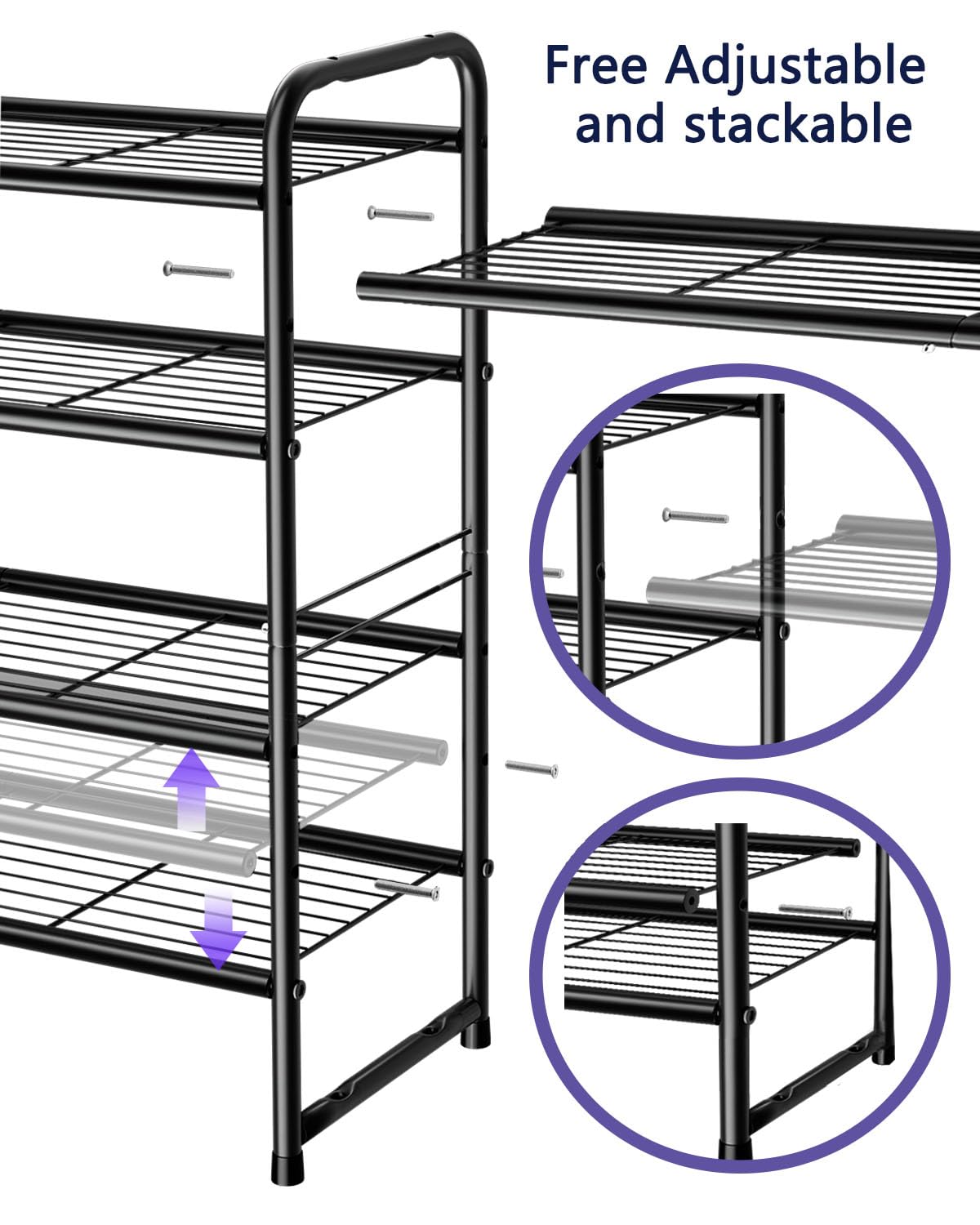 SUFAUY Shoes Rack Shelf for Closet Metal Stackable Shoe Organizer, Expandable & Adjustable Storage Shelves, Wire Grid, 4-Tier, Black