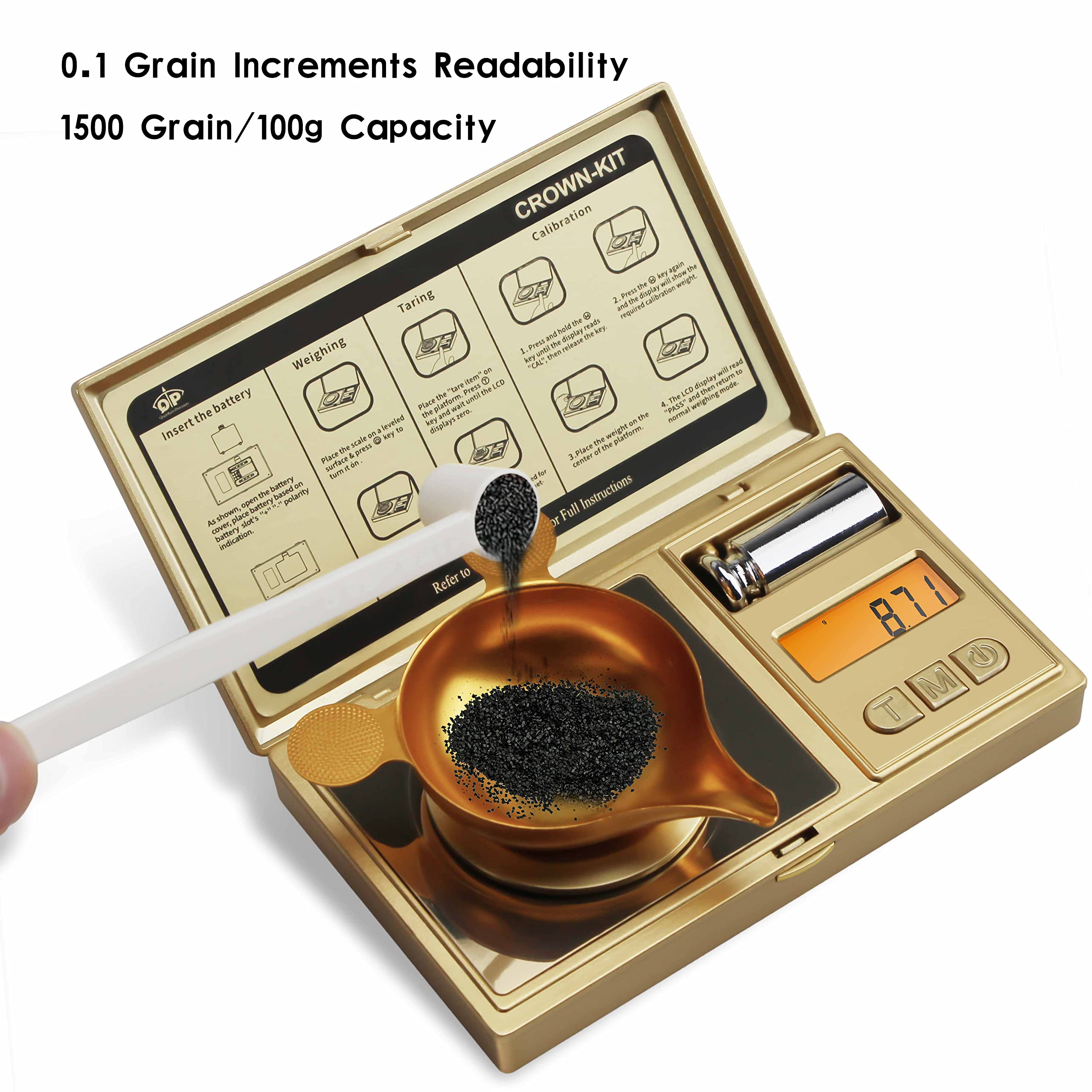 QP Digital Reloading Scale, π² πΆπ» π Crown-Kit, 0.1gn Γ 1500 Grain High Precision Scale with LCD Display, Tare, Powder Scale for Reloading