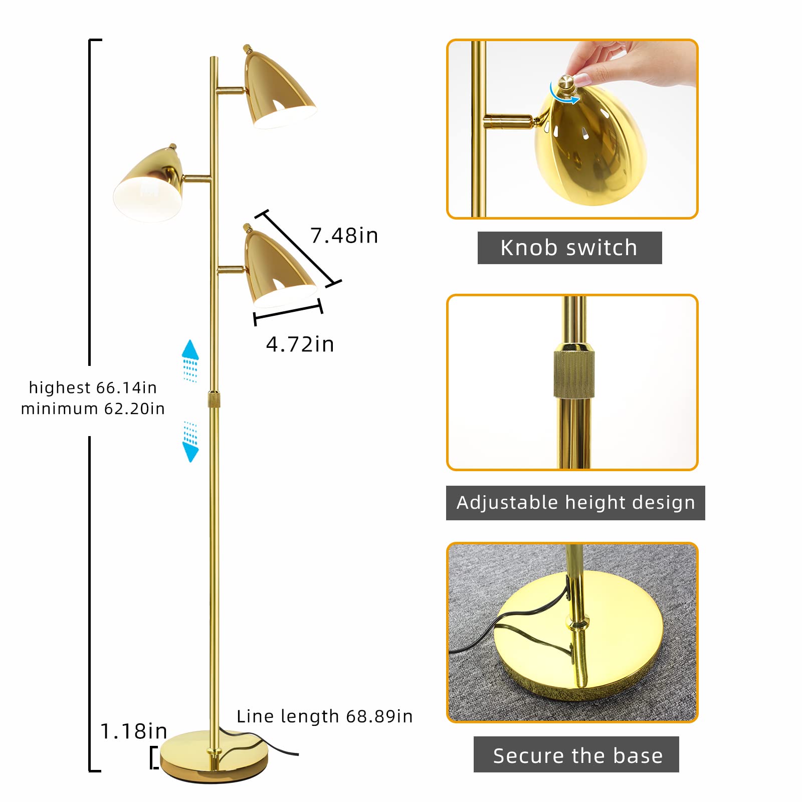 Tree Floor Lamp for Living Room, Industrial 3-Light Standing Lamp with 3 LED Bulbs, Adjustable Rotation Heads, Standing Tall Pole Lamp Farmhouse Rustic Reading Lamps for Bedroom Office (Gold)