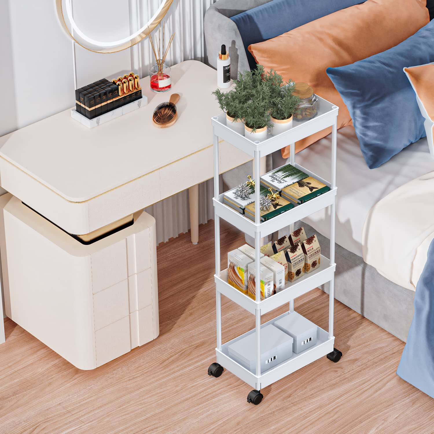 Sooyee 4-Tier Rolling Cart,Utility Carts with Wheels,Cute Room Decor,Organization and Storage for Office,Bedroom,Bathroom, Kitchen, Living Room, Laundry Room,Grey