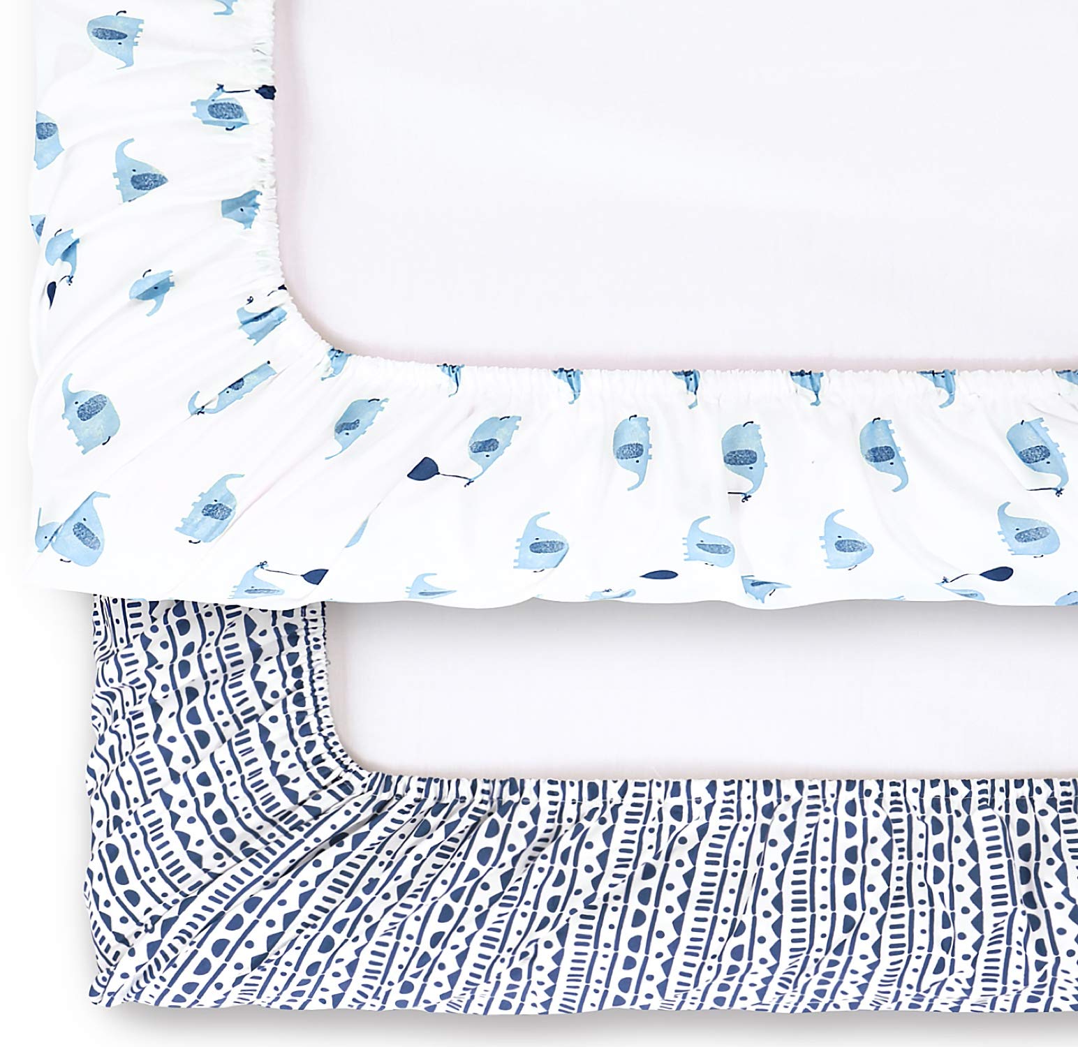 The Peanutshell Crib Sheet Set for Boys or Girls | Blue Elephant & Tribal Stripe | 2 Pack Set