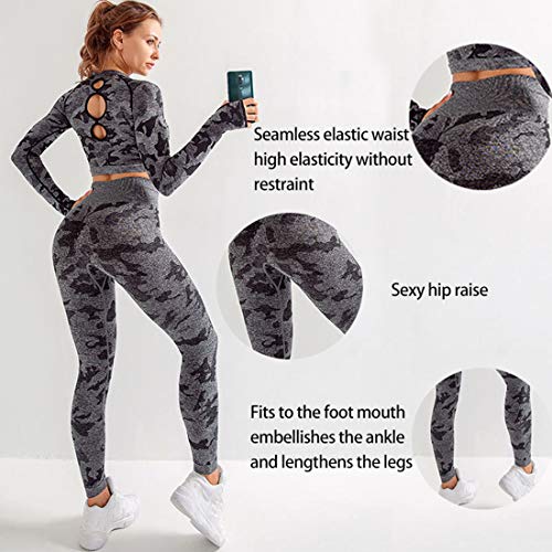 Yoga Workout Set High Waist Athletic Seamless Leggings Long Sleeve 2 Pieces Set (Camouflage Black, L)