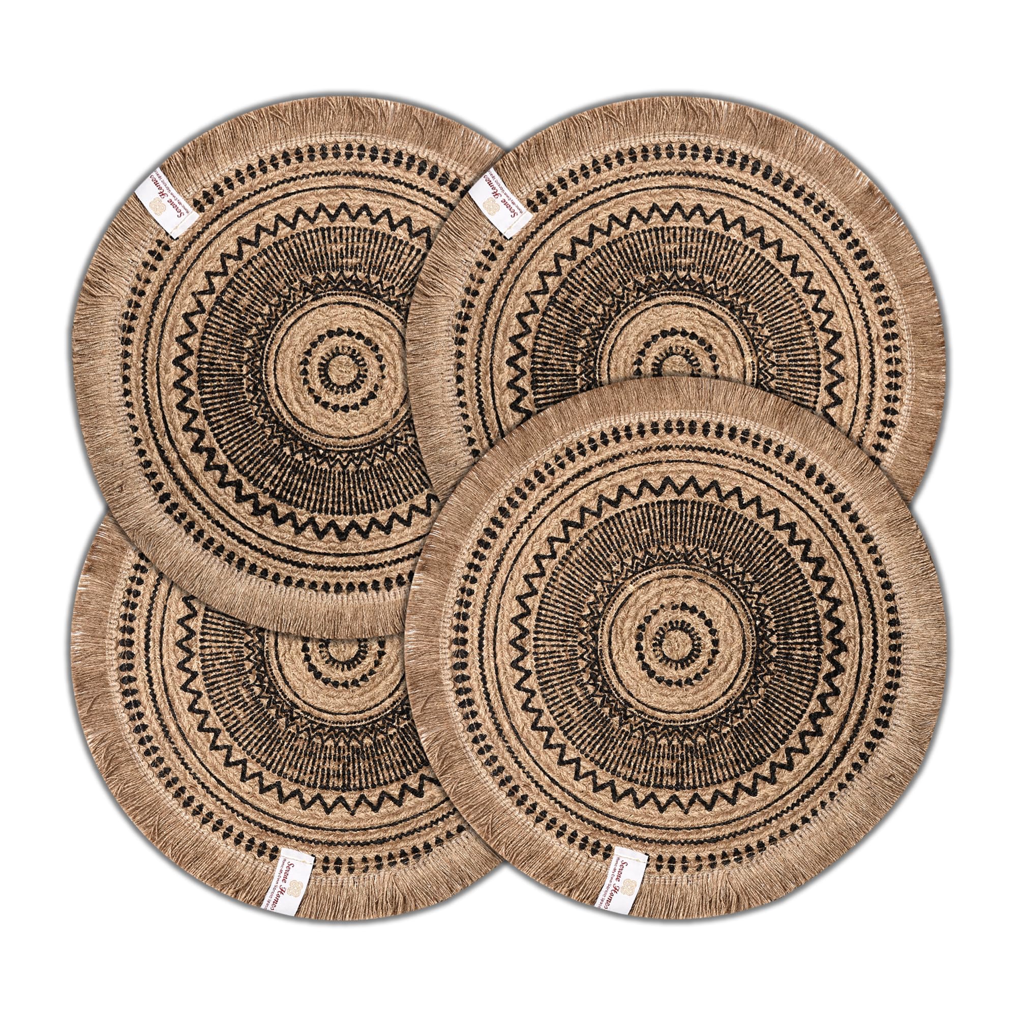 SereneHomes Black Mandala Print Natural Jute placemat Round 14-inch Table Placemats with Fringes - Set of 4, Boho Chic Dining Table Decor Heat-Resistant Dining Table Decor Surface Protector