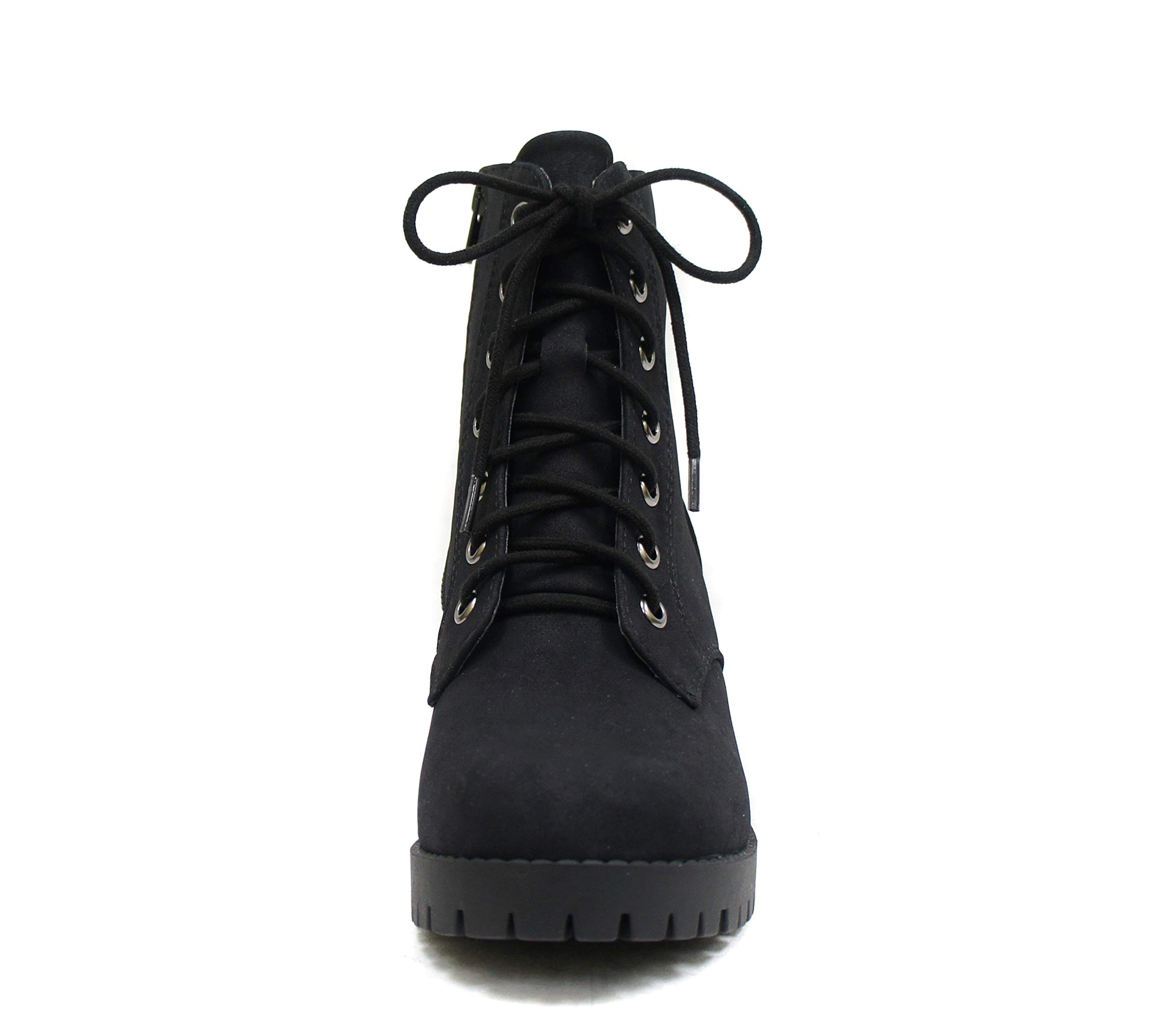 Soda Single Lug Sole Chunky Heel Combat Ankle Boot Lace up w/Side Zipper (7.5, Black (Nubuck))