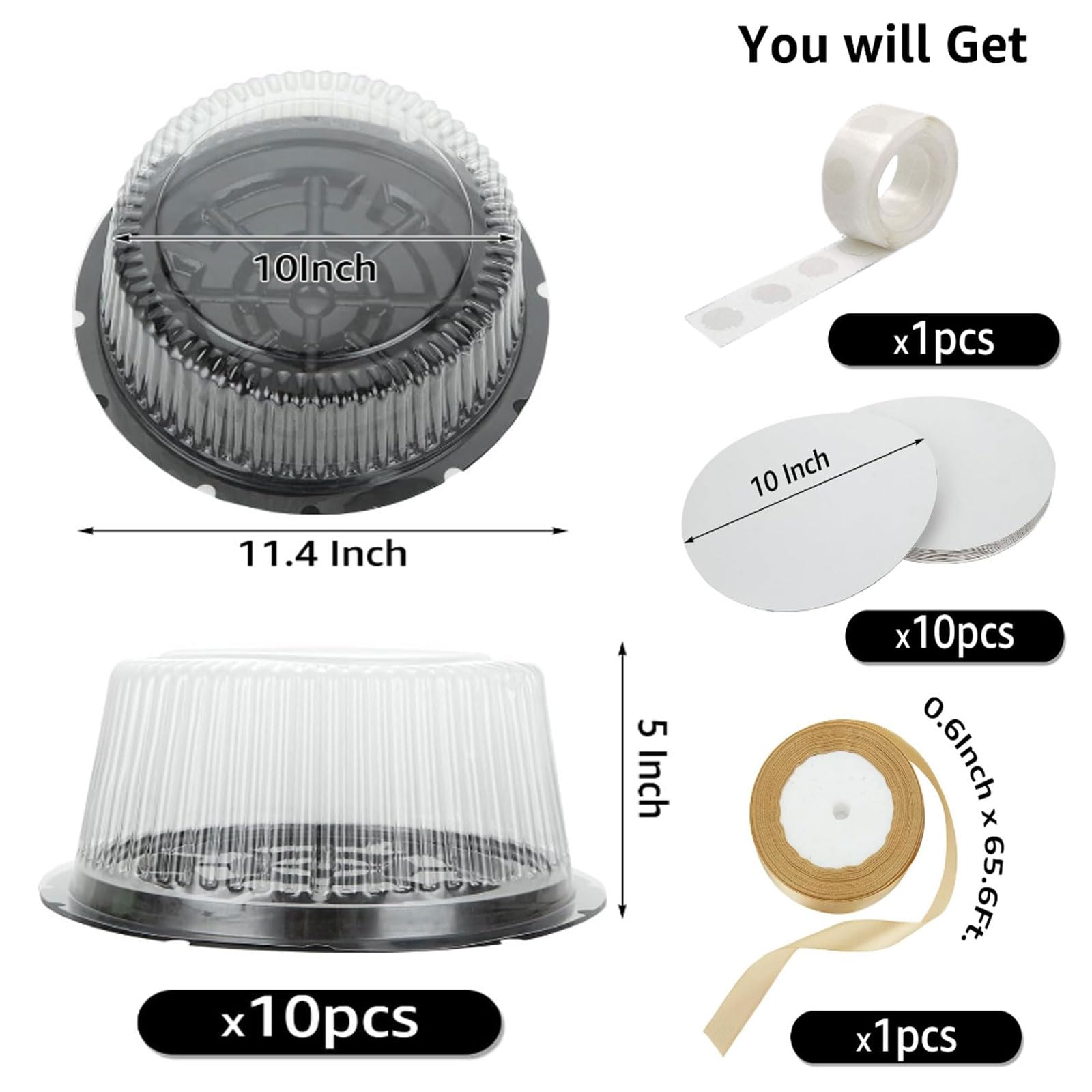 QTLCOHD 10 Pcs 10 Inch Disposable Plastic Cake Container Carrier with Clear Dome Lid Thickened Cake Boards Cake Box Straps Clear Plastic Cake Carrier for Transport, Storing, Displaying Cakes