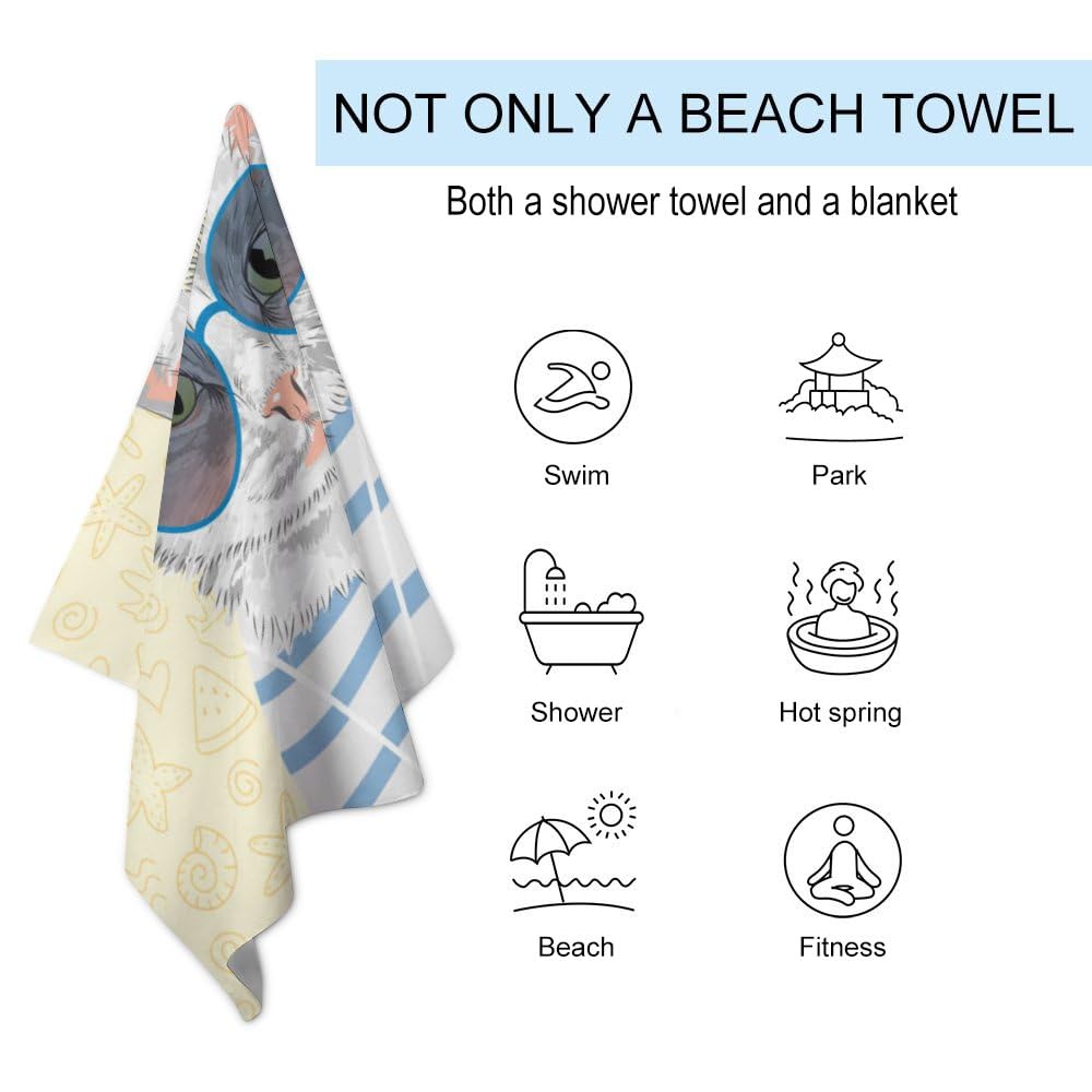 Stylized Portrait Cat Microfiber Absorbent Lightweight Beach Towels Fast Dry Oversized Sand Free Beach Blanket 31x51in for Swimming Camping Travel Gym and Yoga