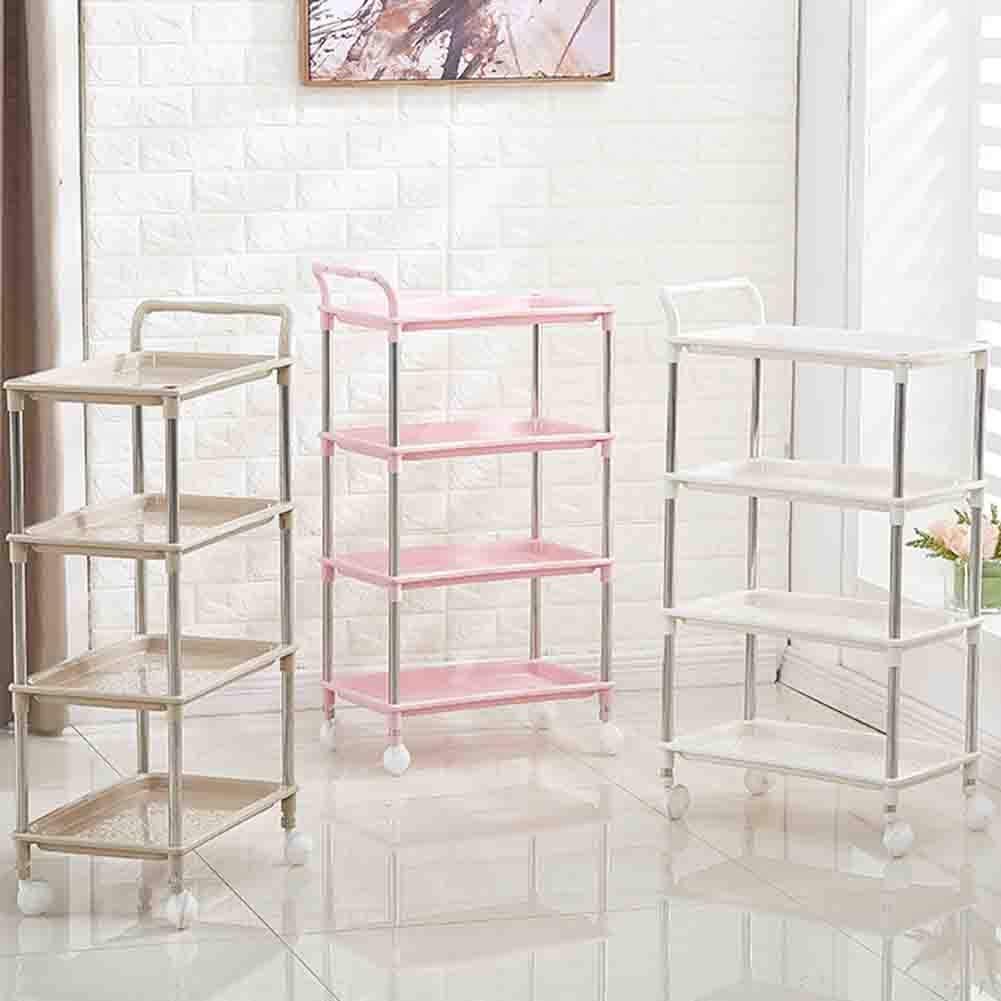 YGCBL Multifunction Portable Hand Trucks,Trolleyserving Trolley Cart Abs Plastic Universal Wheel 4 Tier Drain Moisture Lightweight Armrest Balcony, Load 18 Kg, 3 Colors,Beige