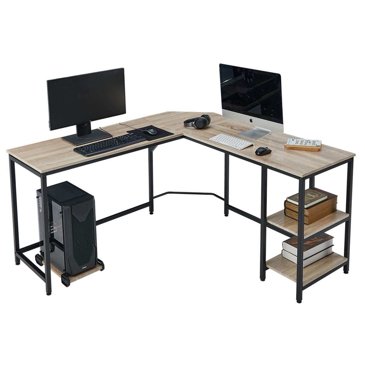 YOLENY L-Shaped Computer Desk 59.1“, Space-Saving Corner Desk with Storage Shelves, Home Office Desk Study Workstation for Home, Office