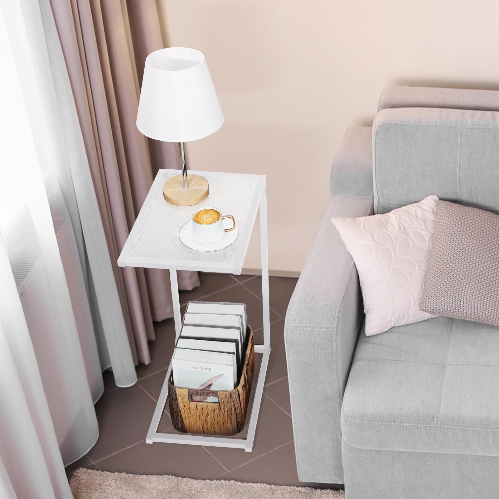 Set of 2 C Shaped End Table, Couch Tables That Slide Under, C Shaped Sofa Table for Couch, C Tray Snack Side Table for Living Room, Bedroom,Sofa, White