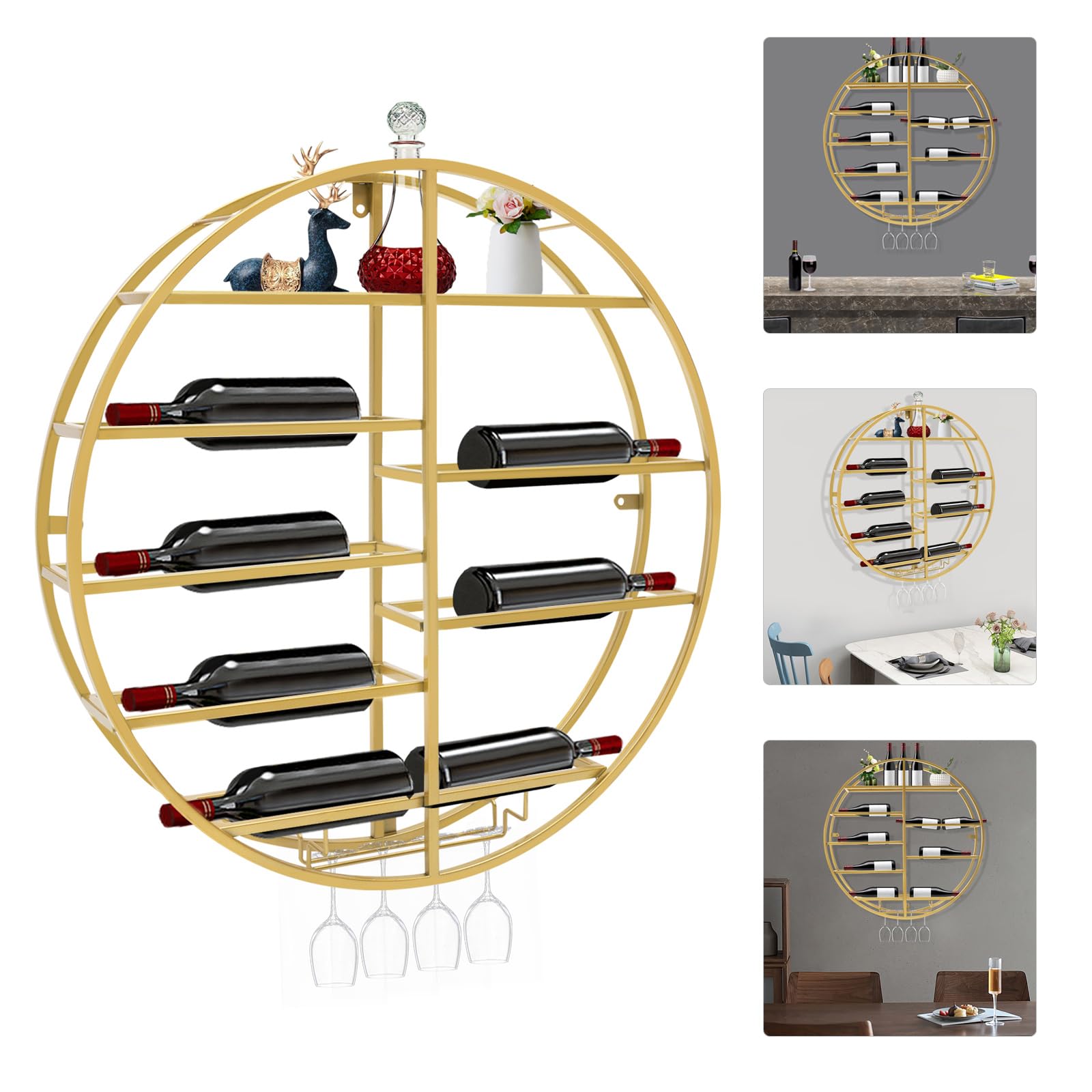 Wine Shelf Wall Mounted, Round Wine Glass Rack Wall Mounted, Metal Hanging Wine Display Holder Organizer, Gold Wine Racks for Home Kitchen Bar Decor Storage, Suitable Goblet Diameter:2.76-3.54in