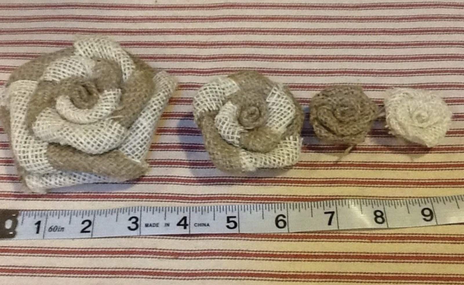 Set of Four Burlap Flowers Natural and Ivory 3" 2" 1" Wedding Cake Topper Wreath Centerpiece Rustic Decor Outdoor Table