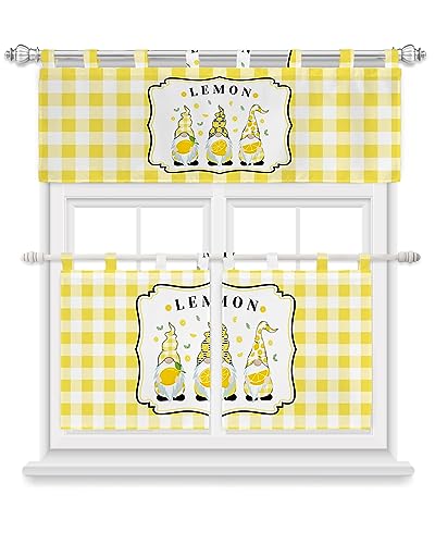 Tab Top Curtain Valance and Tiers Set,Summer Fruit Gnome with Farmhouse Lemon Light Filtering Kitchen Curtains Valances,Yellow White Buffalo Check Pastoral Cafe Window Treatment Drapes for Bedroom
