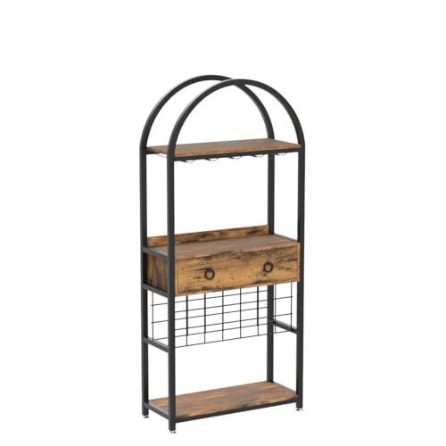 Tribesigns Wine Rack Cabinet Tall Freestanding Floor Liquor Cabinet with Glasses Holder and 1 Drawer, Industrial 21-Bottle Metal and Wood Wine Rack Table for Home Bar, Kitchen, Dining, Rustic Brown