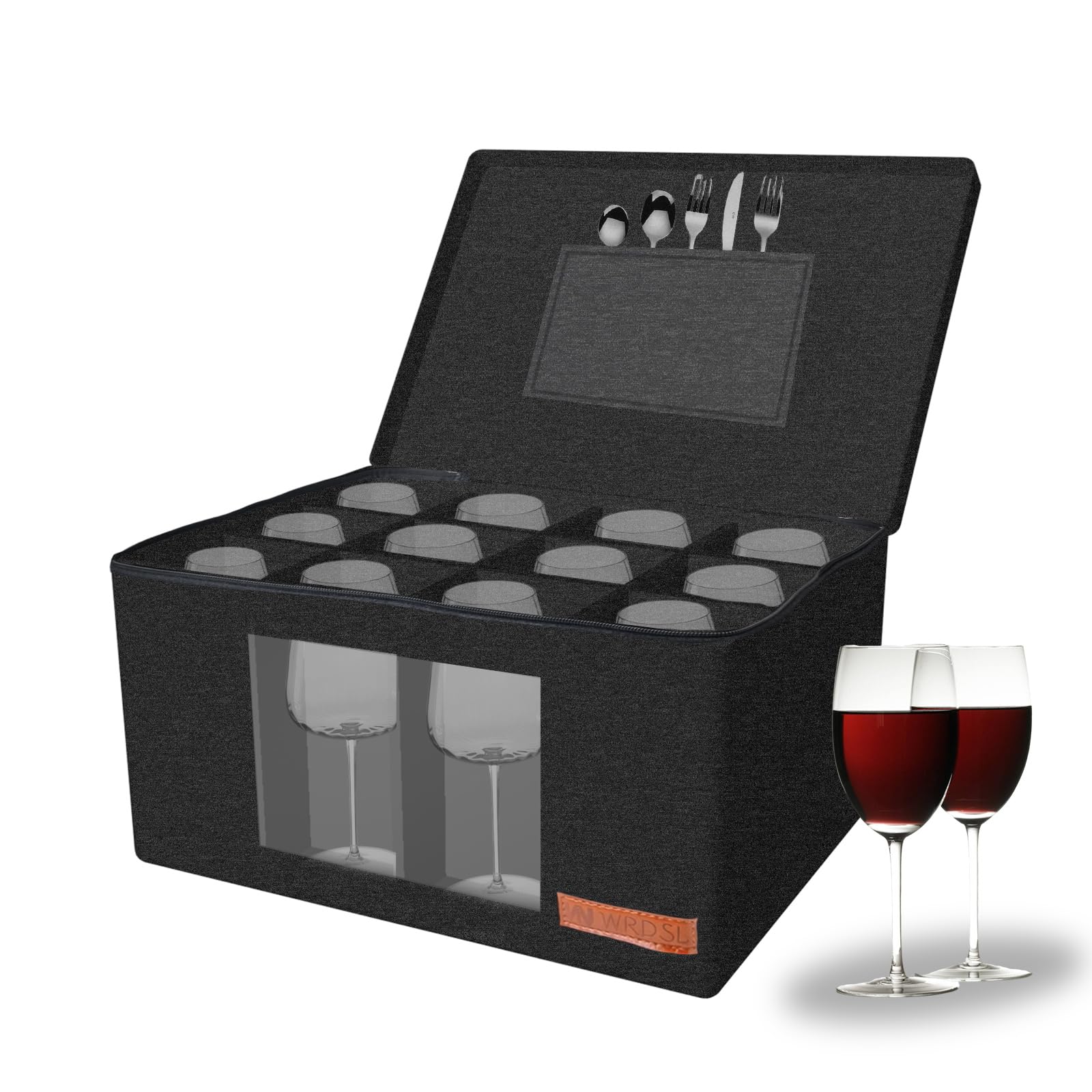 WRDSL Wine Glass Storage, Wine Glass Storage Box with Dividers, Stackable Stemware Storage Cases for 12 Crystal Glassware, Moving Supplies, Household Essentials (BLACK)