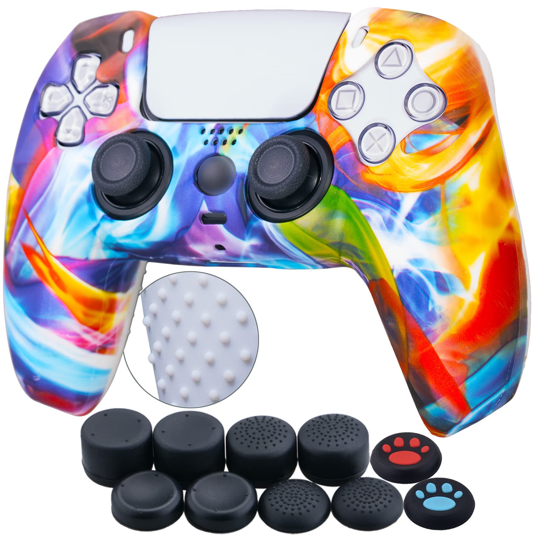 YoRHa Water Transfer Printing Silicone Thickened Cover Skin Case for PS5 Controller x 1(Comic Skulls) with Thumb Grips x 10