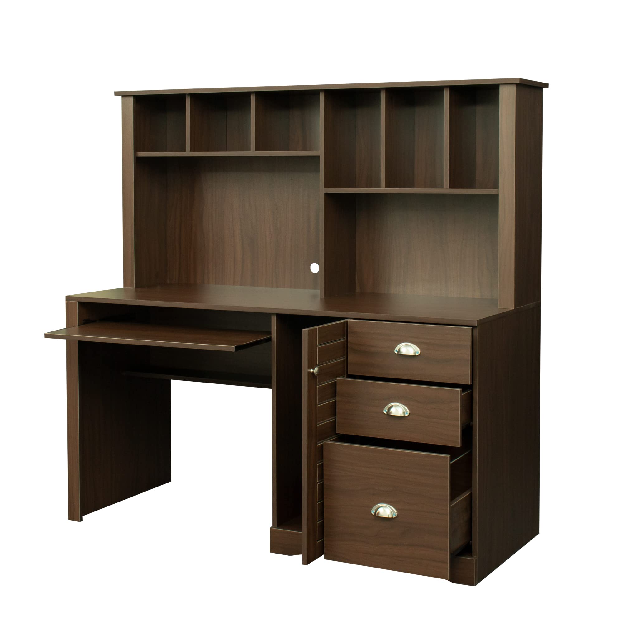 UFINEGO Computer Desk with Hutch, Home Office Desk Wood Executive Desk Student Desk Studying Writing Desk with Drawers, Bookshelf and Keyboard Tray
