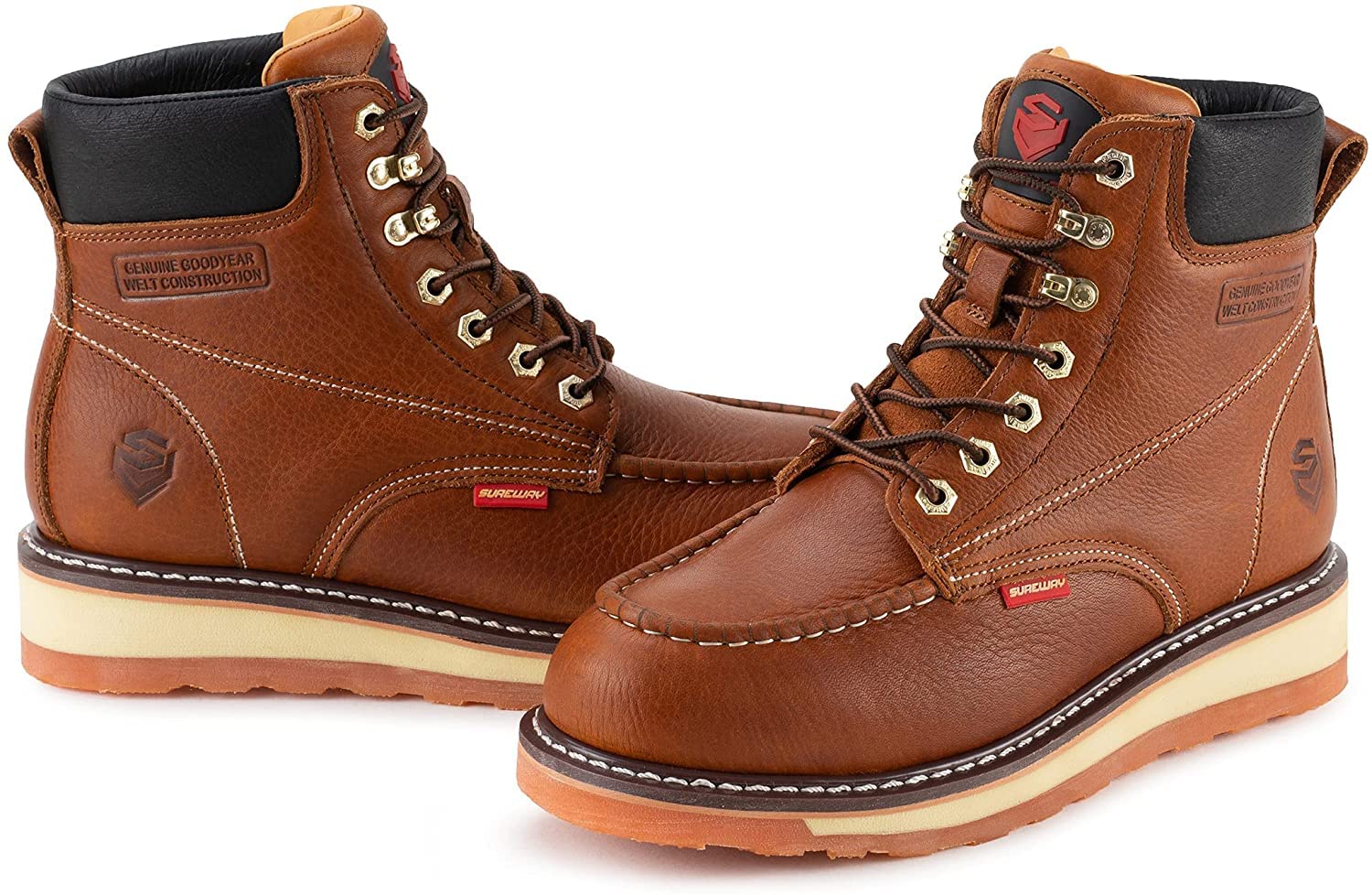 SUREWAY 6β Mens Heavy Duty Steel/Composite/Soft Toe Work Boots for Men,Goodyear Welt,Extremely Comfortable Durable Proved,Superior Oil/Slip Resistant,Thicker Leather,Wedge Sole,Moc Toe Work