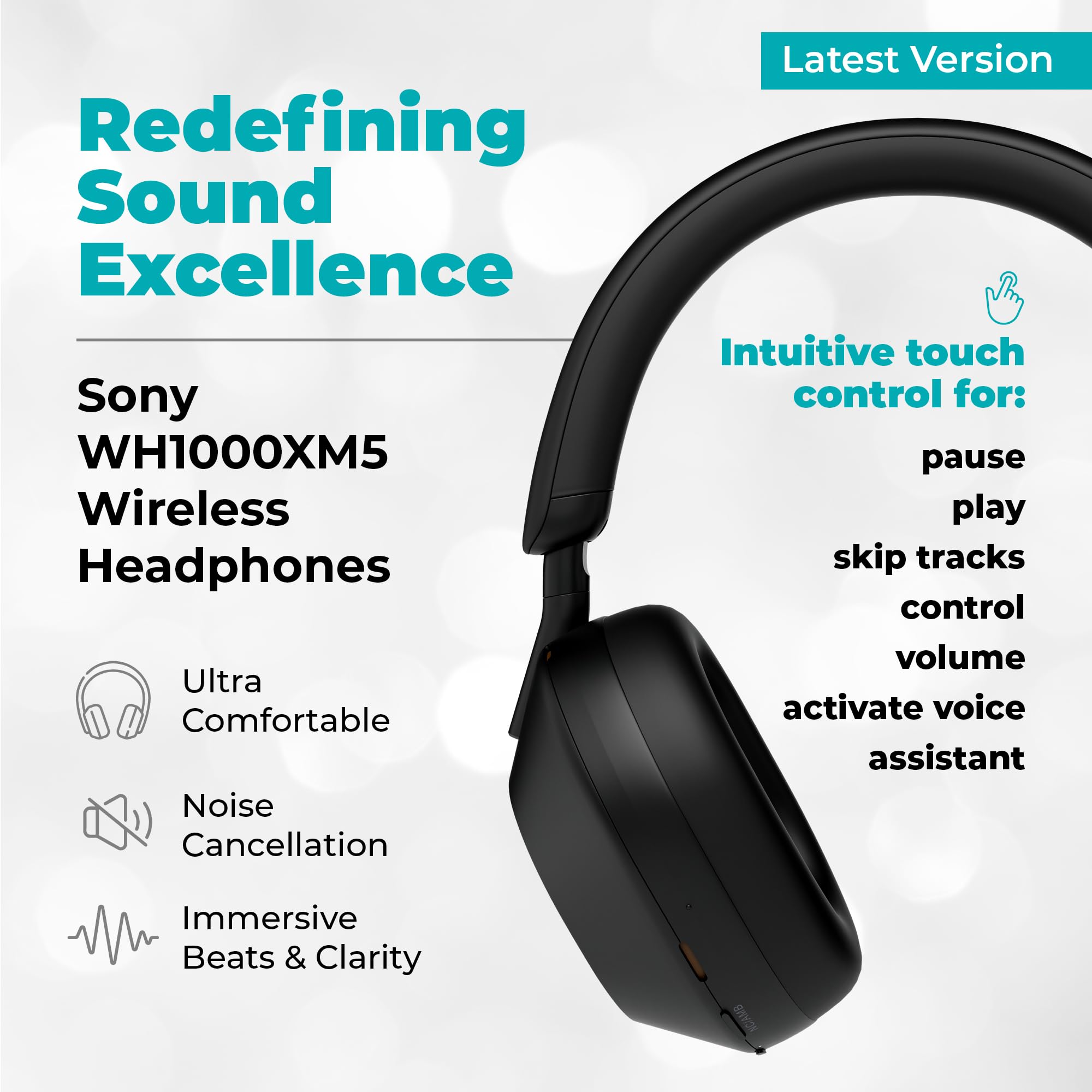 Sony WH-1000XM5 Headphones β Wireless Bluetooth Sony Noise Canceling Headphones Bundle with Audio Cable, USB Cable, Case, Airplane Jack Adapter, Cloth - Sony XM5 Headphones, Sony WH1000XM5, Black