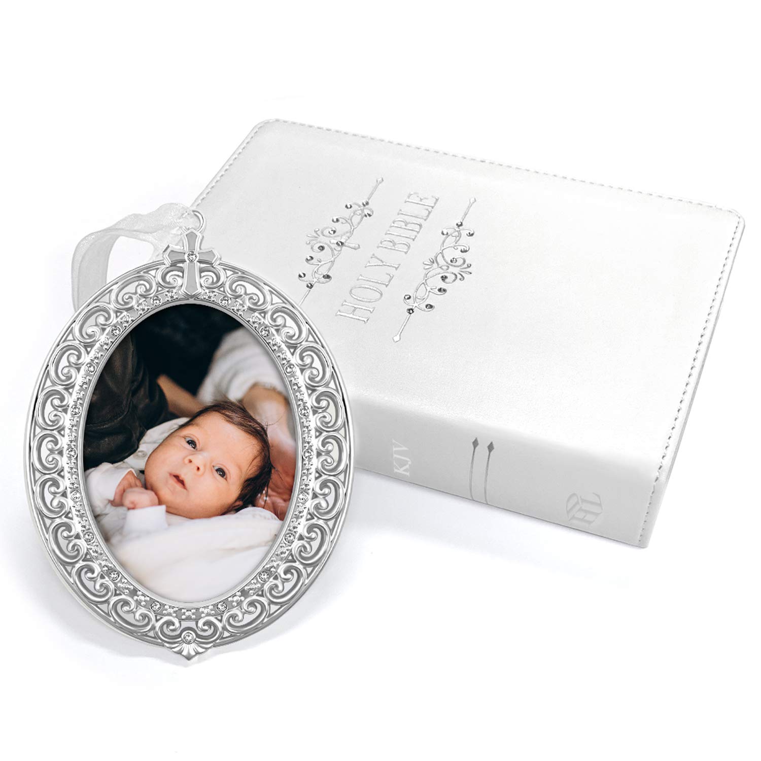 White Bible Gift Set with KJV Bible & Silver-Plated Frame Ornament with Crystals from Swarovski