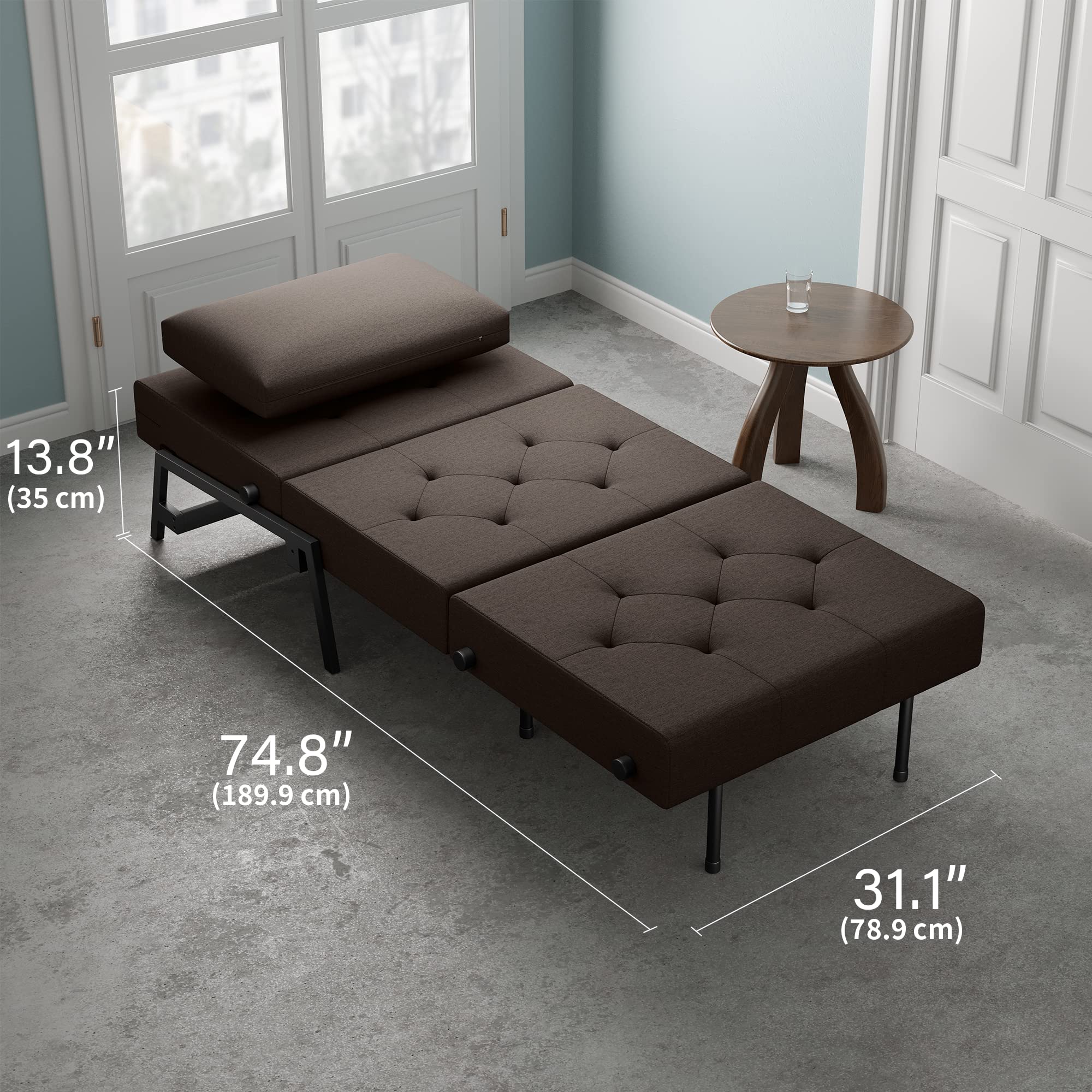 Serweet Chair Bed Sofabed for Adults Single, Convertible Folding Sofa for Living Room Bedroom Chair with Breathable Linen Fabric & Sturdy Metal Frame, Dark Brown