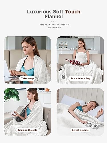 Shodu Heated Blanket,Fast Heating&Over-Heat Protect Electric Blanket,Dual Controller,ETL Certification,9 Heat Settings 1-12 Hours Auto Off (White, Queen 90''×84'')