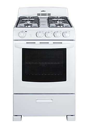Summit RG244WS 24"" Freestanding Gas Range with 2.9 cu. ft. Oven Capacity Electronic Ignition High Backguard Broiler Drawer Continuous Grates and Safety Brake System for Oven Racks in White
