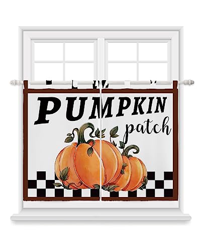 Tab Top Window Curtain,Autumn Farm Orange Pumpkins Patch Tier Curtains Panels Kitchen Valance 2 Drapes,Fall Harvest Black White Checkered Light Filtering Window Treatment for Bathroom Bedroom Cafe