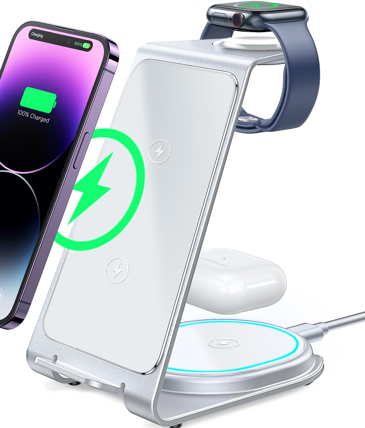 Wireless Charger, 3 in 1 Charging Station for Multiple Devices Apple, [Metal] 15W Fast iPhone Charging Station for iPhone 15/14/13/12/11/Pro/Max/Apple Watch/Airpods Pro