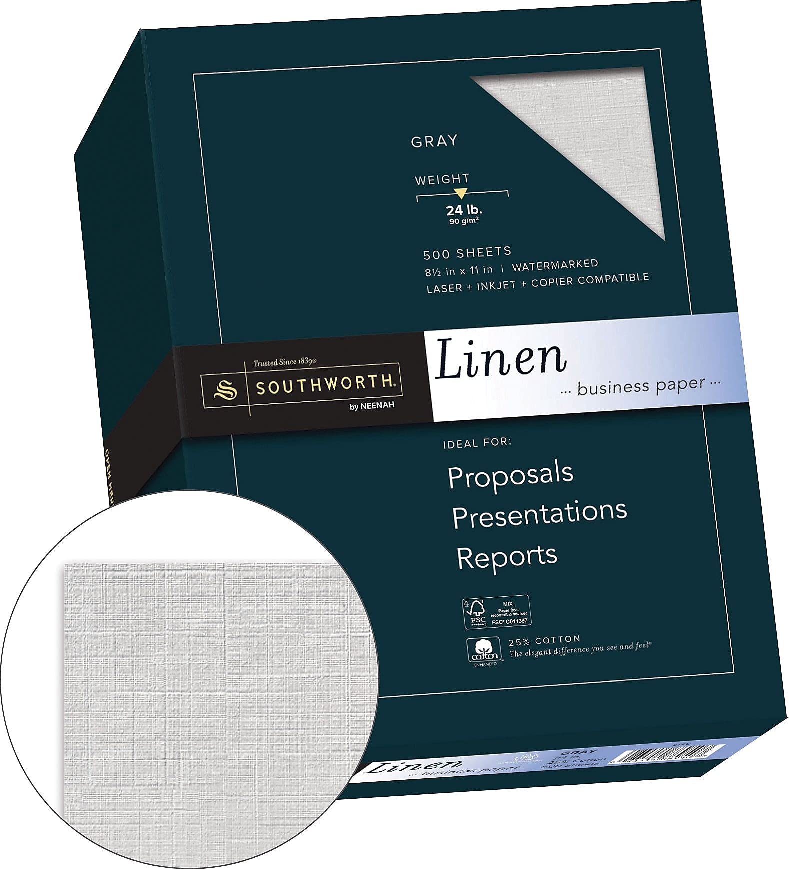 Southworth 574C 25% Cotton Linen Business Paper Gray 24 lbs. 8-1/2 x 11 500/Box FSC