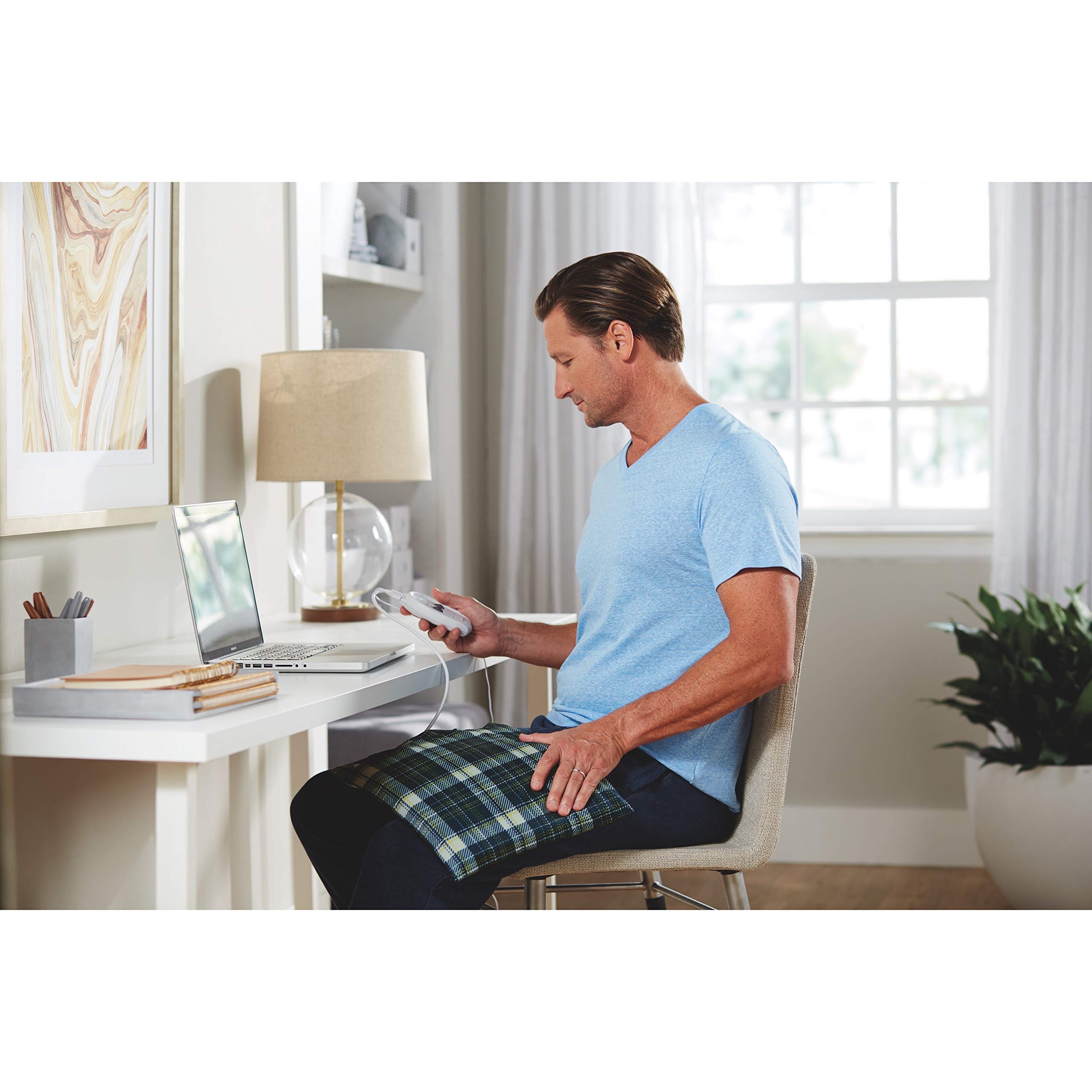 Sunbeam Heating and Massage Pad for Pain Relief | Small Flexi-Soft, 2 Heat & 2 Massage Settings with Auto-Off | Blue Plaid, 12-Inch x 12-Inch