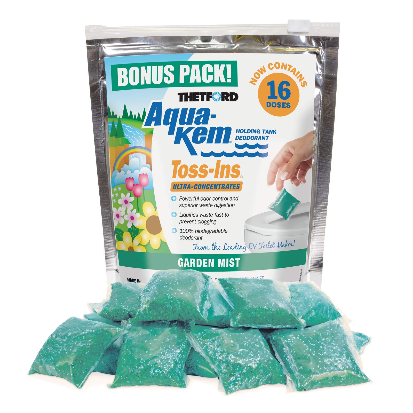 Thetford Aqua-KEM Garden Mist Toss-Ins RV Holding Tank Treatment - Deodorant/Waste Digester/Detergent - Pack of 16 96562
