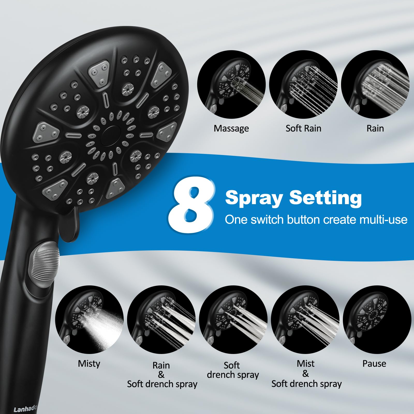 Shower Head with Handheld, Lanhado 9 Setting Matte Black Shower Head, Detachable Shower Head with Hose & Adjustable Bracket,High Pressure Shower heads, Built-in Power Wash to Clean Tub, Tile & Pets