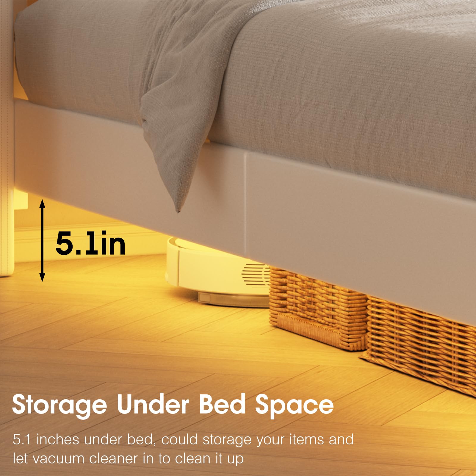 Queen Size Floating Bed Frame with LED Lights, Upholstered PU Leather Platform Bed with Charging Station & Button Tufted Headboard Storage, No Box Spring Needed, White