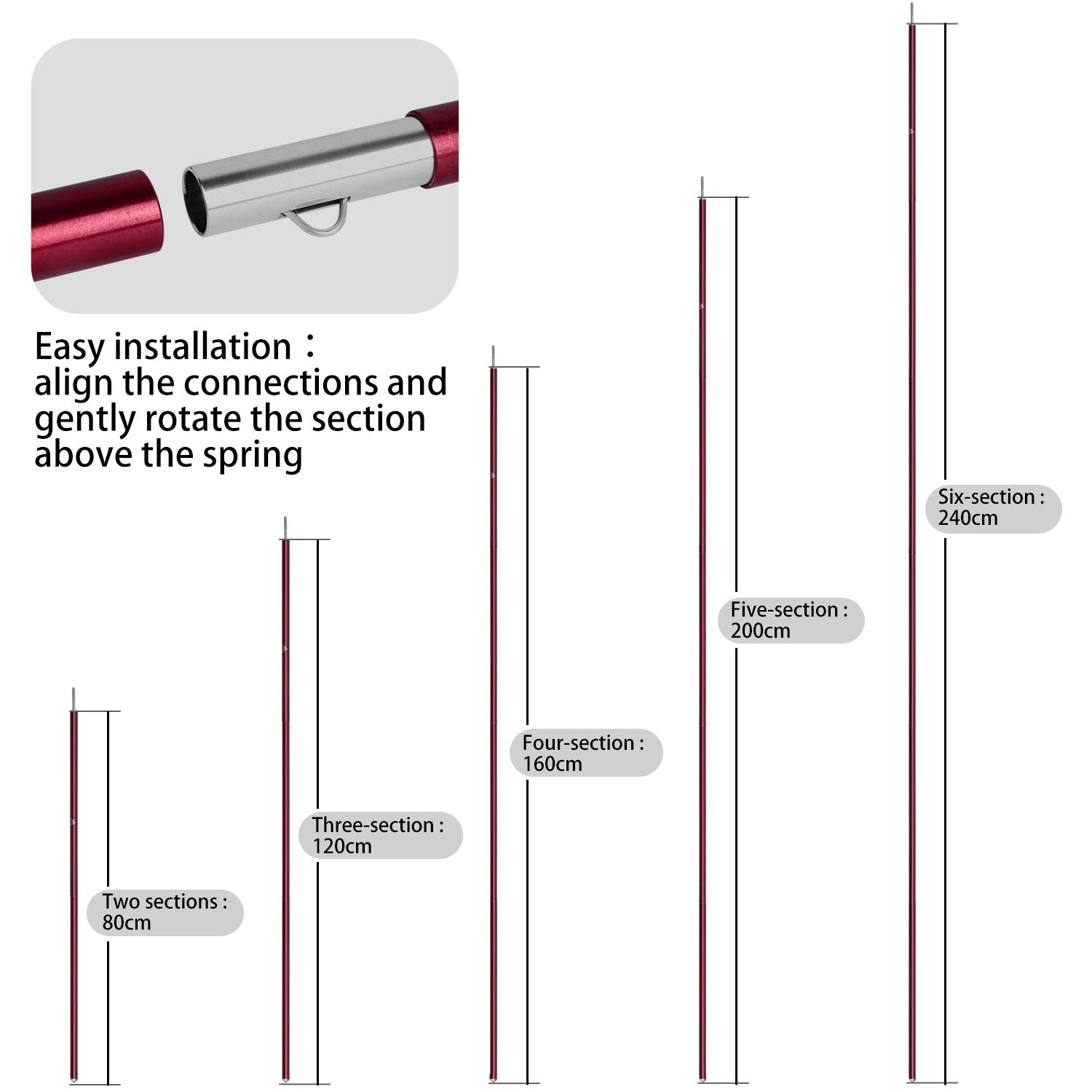 Unigear Telescopic Tent Pole Set of 2 Aluminium Pole for Tarp, Tent, Awning, Camping, Adjustable from 40 cm - 240 cm (red Old)