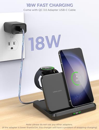 Wireless Charging Station for Samsung and Android, 3 in 1 Foldable Wireless Charger Fast Charger Stand for Galaxy S24/S23/S22/S21/S20 Z Fold 5/4/3 Z Flip 5/4/3, Note20 Ultra, Watch 6/5/Pro/4/3, Buds