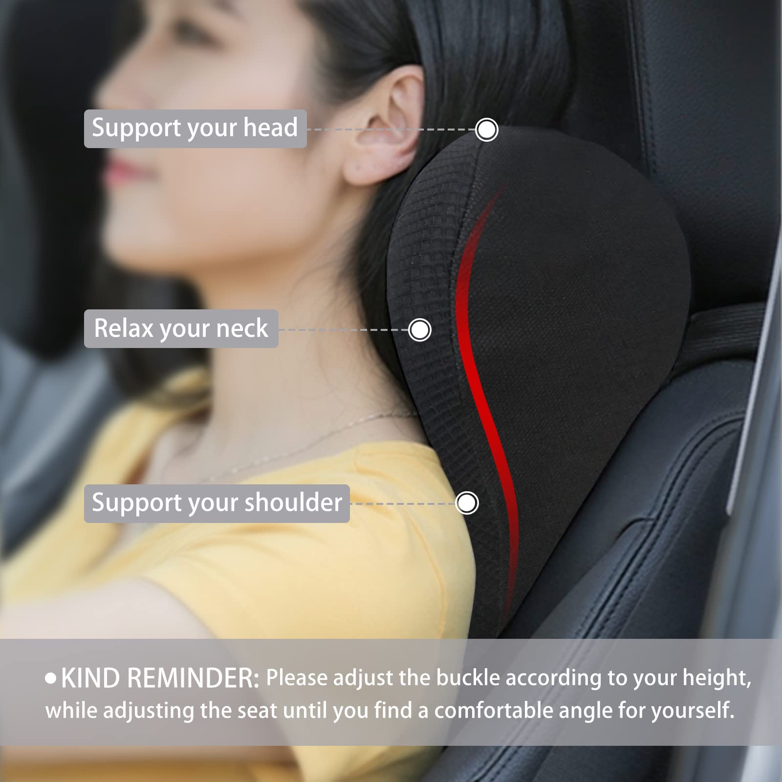 Super Soft Car Headrest Pillow, 100% Memory Foam Car Neck Pillow with Adjustable Strap & Breathable Removable Cover, Ergonomic Design - Travel Pillow Car Pillow for Neck/Back Pain Relief(Black, 1P)