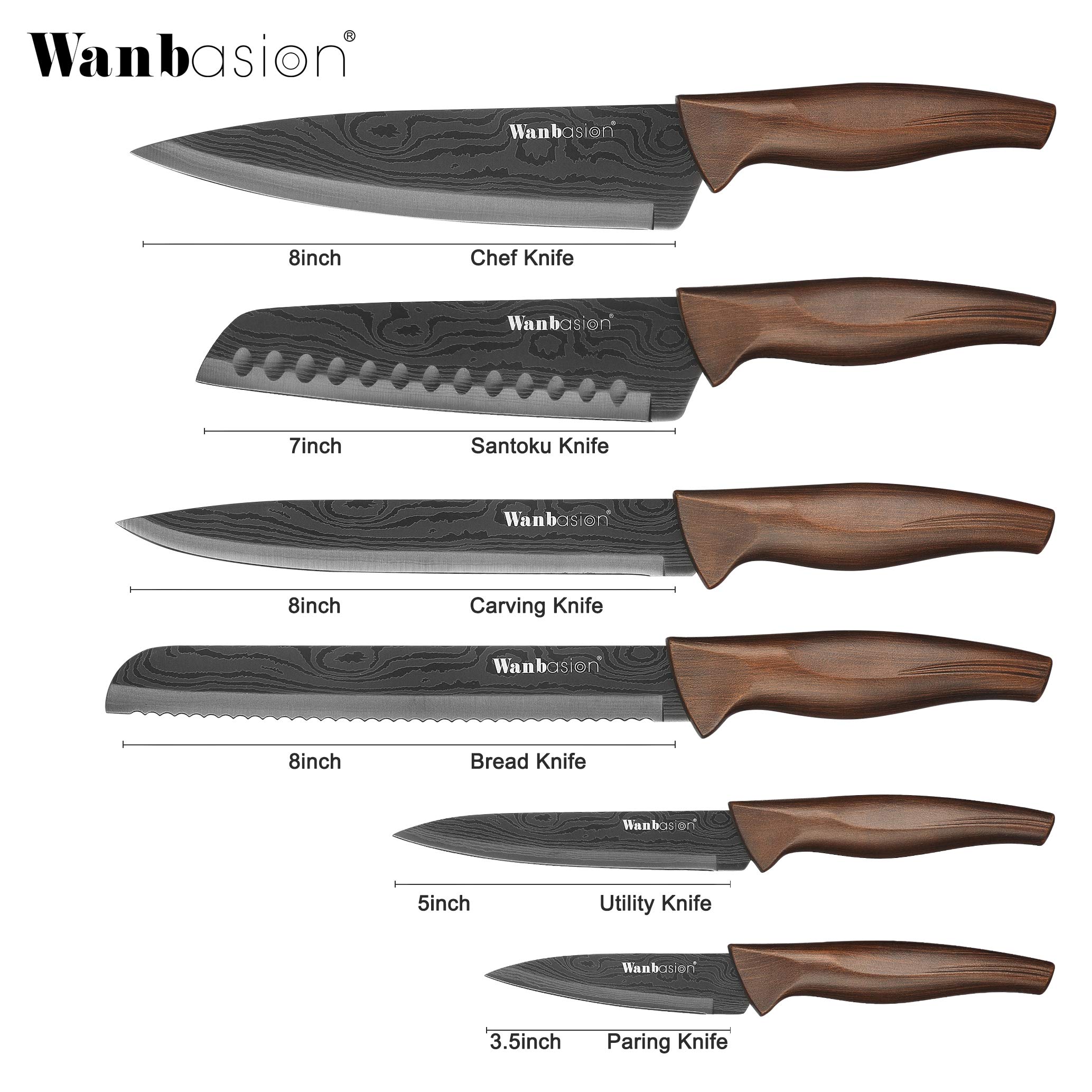 Wanbasion Matte Black Titanium Plated Stainless Steel Kitchen Knife Set, Chef Kitchen Knife Set Professional, Dishwasher Safe Kitchen Knife Set with Damascus Style