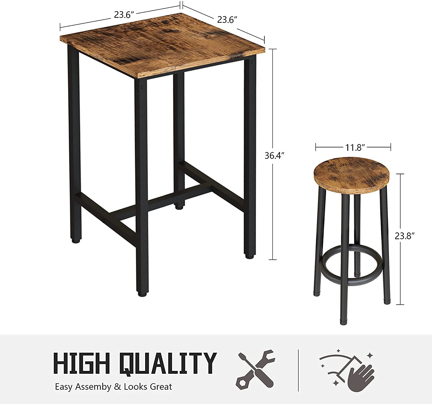 Recaceik 3 Piece Pub Dining Set, Modern bar Table and Stools for 2 Kitchen Counter Height Wood Top Bistro Easy Assemble for Breakfast Nook Living Room Small Space Restaurant, Rustic Brown 24β