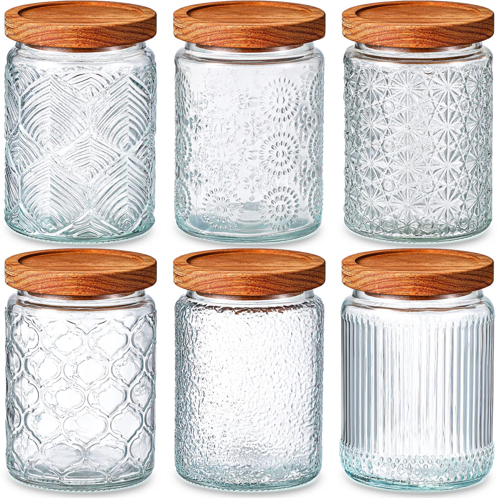 Sumind 6 Pcs Glass Food Storage Containers with Wood Lids 24 oz Airtight Vintage Glass Jar with Lid Decorative Candy Cookie Jar Clear Glass Canisters Kitchen Storage Jars for Coffee Sugar Spice Flour