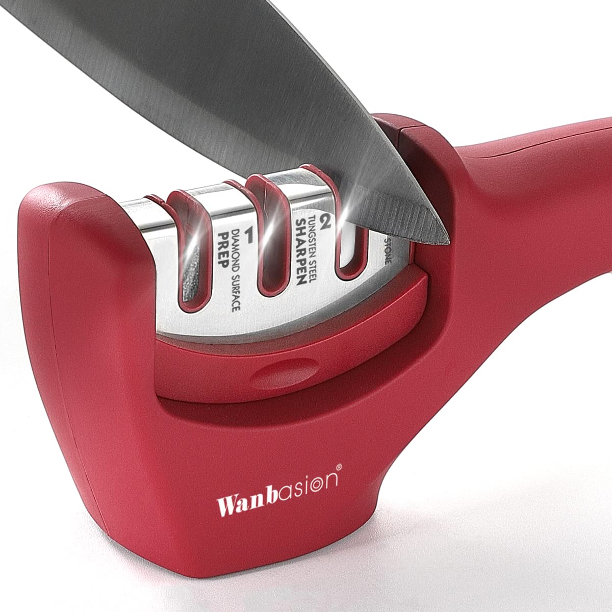 Wanbasion Black Kitchen Knife Sharpener Professional 3 Stages, Kitchen Knife Sharpener Manual Sharpening, Knife Sharpener for Kitchen Knives with Stainless Steel Ceramic Diamond Blade