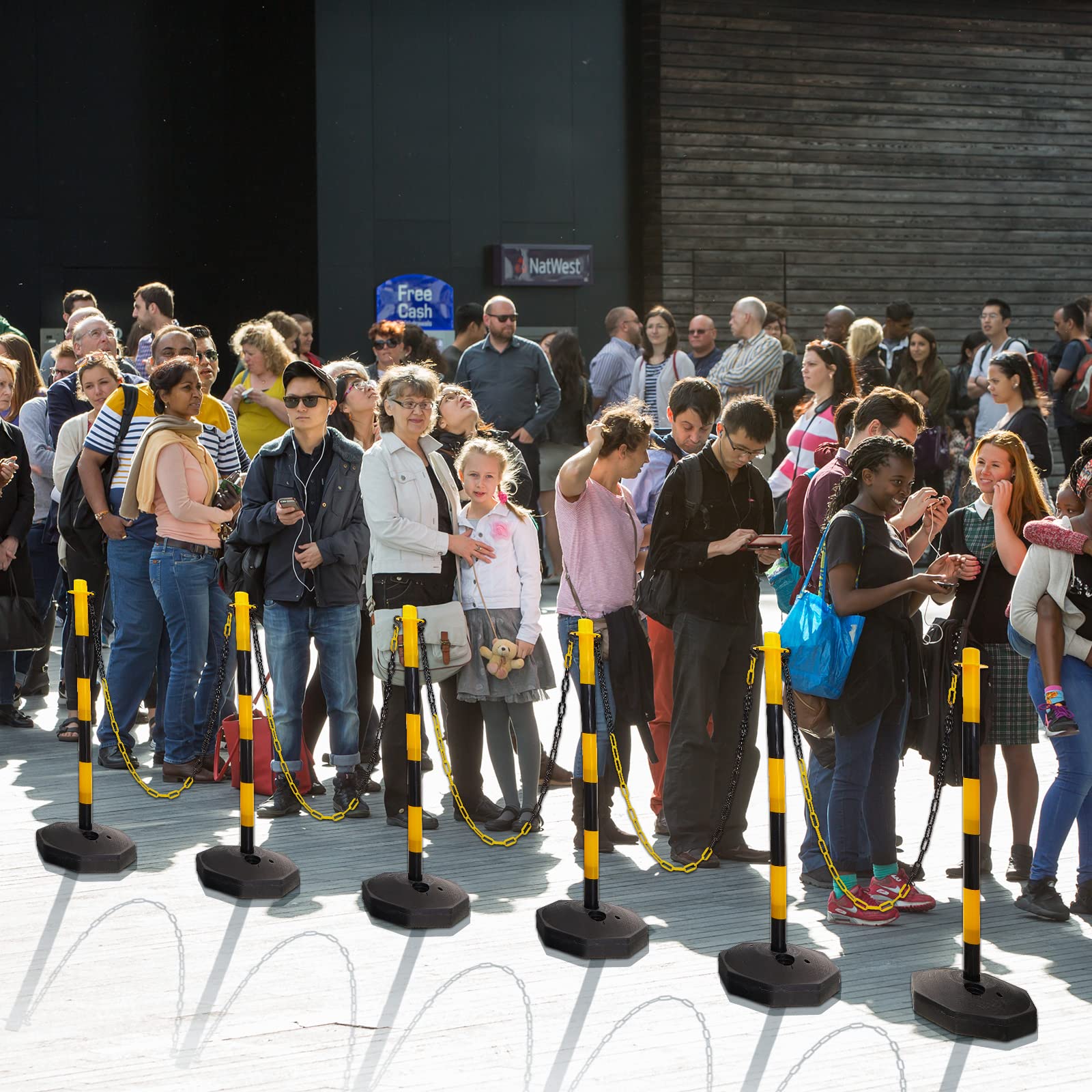 Traffic Delineator Post Cone, Plastic Stanchion Post Set Crowd Control Stands Barrier with 6.6 ft Link Chain and S Hooks for Parking Lot Construction Caution Roads, Yellow, Black (2 Sets)