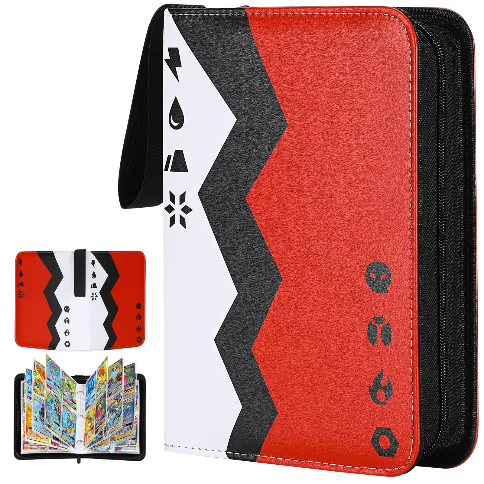 SHINYEVER Red 3-Ring Card Binder with 4 Pockets, 50 Removable Cards, and Quick Access Snap-On Lid
