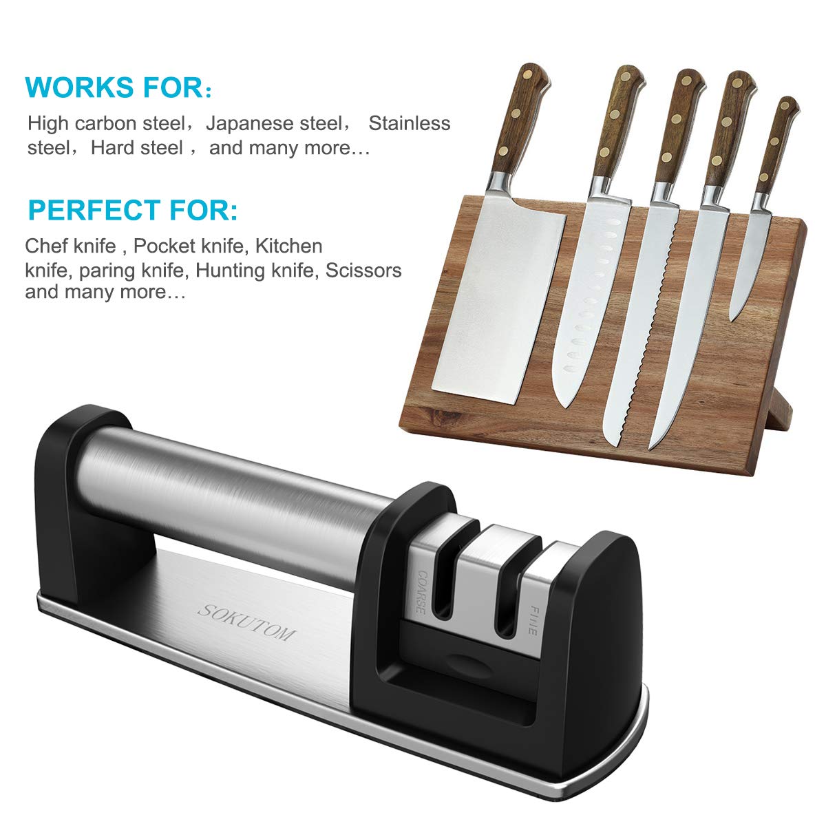 SOKUTOM Knife Sharpener for All Straight and Serrated Knives, Stainless Steel Ceramic and Tungsten, Safe and Easy to Use Kitchen Knife Sharpener, Sharpens Scissors