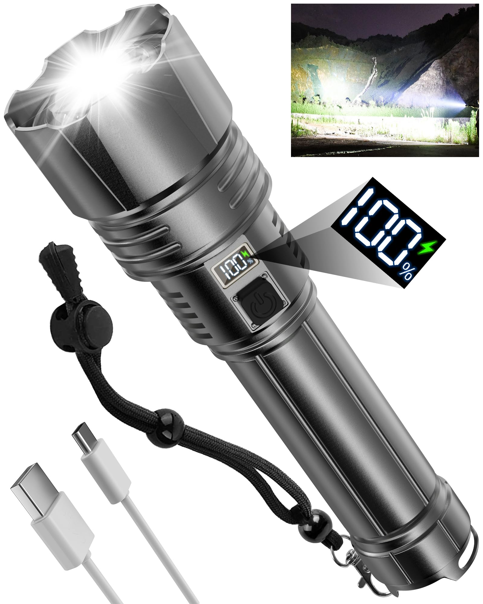 TUNFOU Rechargeable Flashlights 900000 High Lumens Flash Light, Super Bright LED Flashlight with 5 Modes & IPX7 Waterproof, Handheld Flashlight for Emergencies, Camping