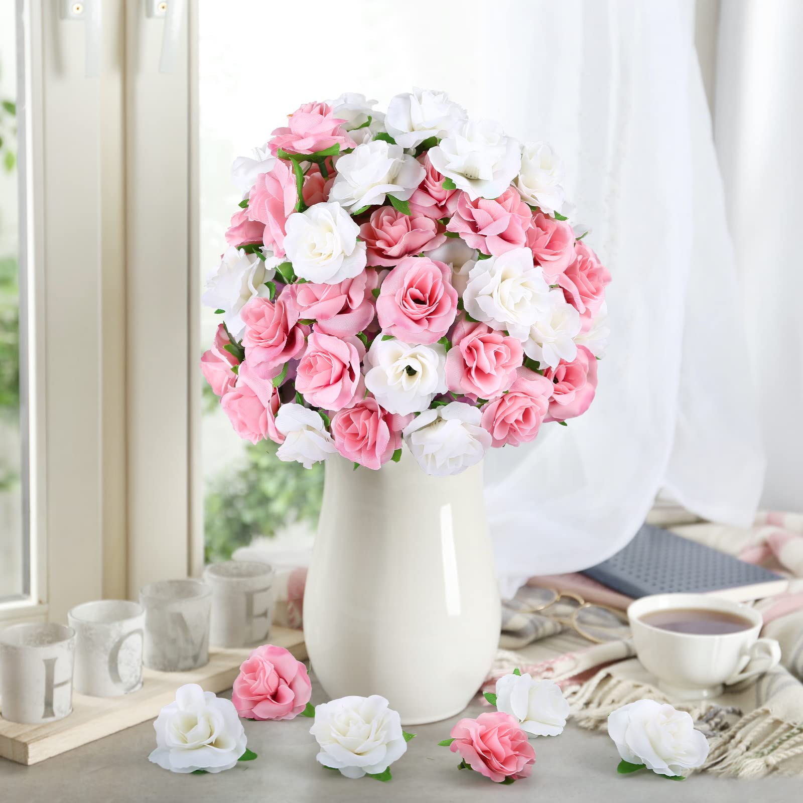 Yinsun 50pcs Mini Rose Artificial Flower Heads, 1.6β Real Looking Silk Rose for DIY Wedding Bouquets Bridal Shower Baby Shower Party Decoration (White and Pink)