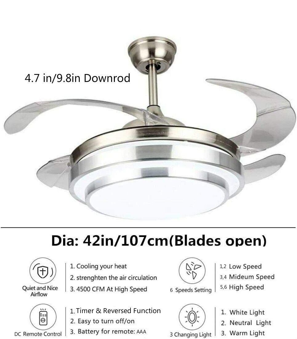 Southerns Lighting 42" Invisible Ceiling Fan with Retractable Blades and Remote Ceiling Fan Light Kit for Bedroom Livingroom Low Profile Kitchen eCiling Fan with Light (Silver-04)