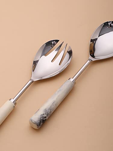 YoTreasure Tiramisu Resin & Stainless Steel Ivory Salad Server Spoon and Fork Set Cooking Utensils for Kitchen